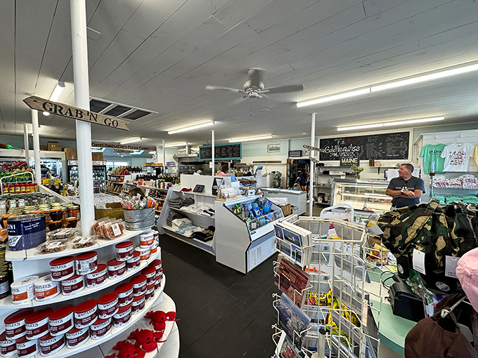 Inside, the store blends practical necessities with gourmet treasures &ndash; a "Grab 'N Go" sign points the way to quick delights.