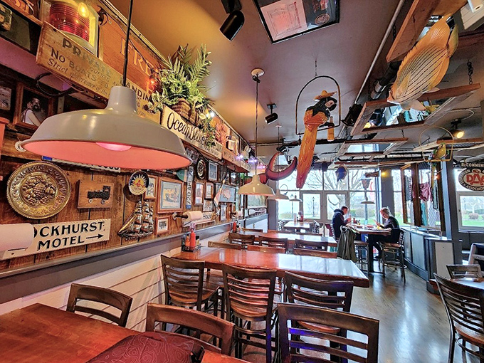 Step into organized chaos where every inch tells a seafaring tale&mdash;fishing nets, vintage signs, and wooden treasures create a museum of maritime memories.