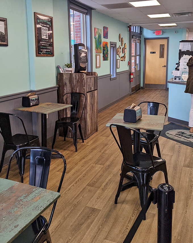 Inside, mint walls and rustic wooden tables create a cozy atmosphere where donut dreams come true &ndash; simple, unpretentious, and perfectly Maine.