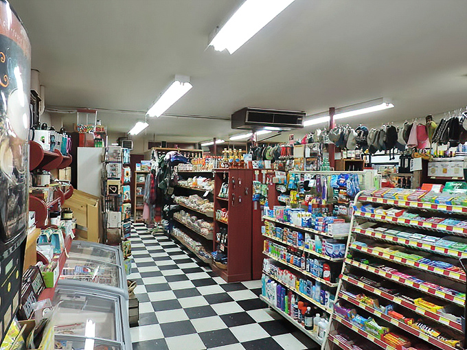 Step inside to discover the quintessential country store interior, where black-and-white checkered floors lead to unexpected culinary treasures.