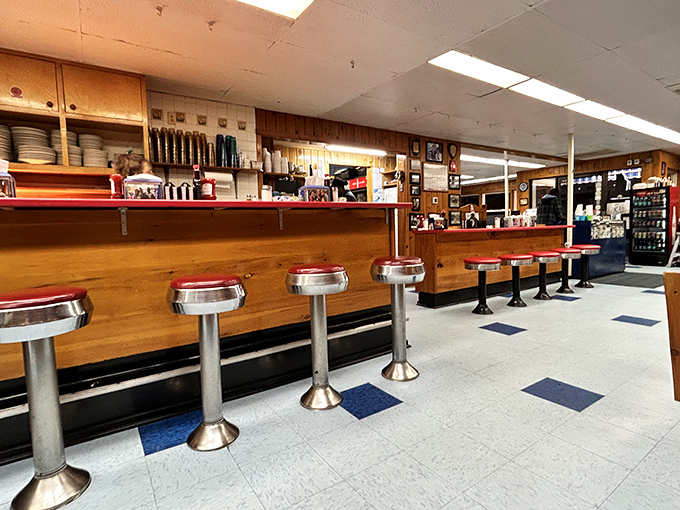 Classic Americana lives at the counter, where spinning stools and friendly chatter create the soundtrack to countless Maine mornings.