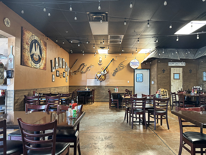 Step inside and be transported to Louisiana with warm wood accents, string lights, and musical instruments creating that perfect bayou ambiance.