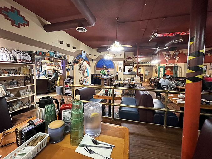The heart of Coffee Pot Restaurant beats with Southwestern soul &ndash; note the distinctive archways and desert-inspired color palette.