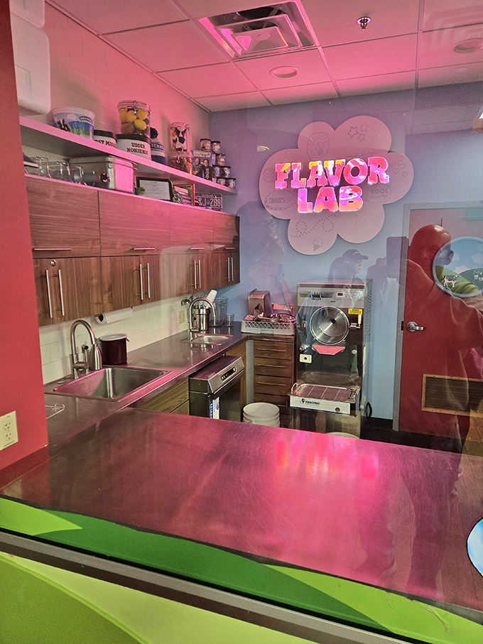 Inside the "Flavor Lab," where ice cream magic happens. This pink-hued kitchen is where experimental flavors are born&mdash;some destined for greatness, others for the nearby graveyard.