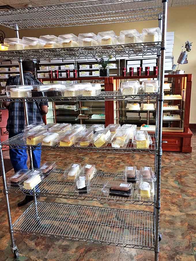 Metal shelves lined with boxed treats await lucky customers &ndash; like a library where every book is delicious and calories are just suggestions.