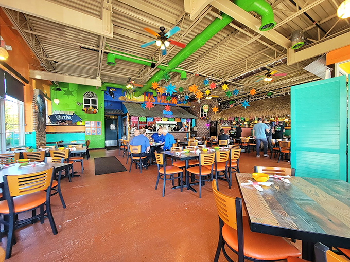 Vibrant colors and hanging stars transform this Maine restaurant into a festive fiesta space that'll brighten any cloudy day.