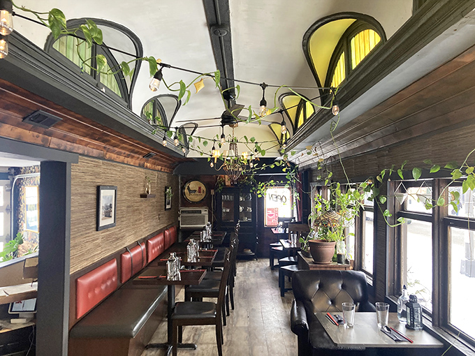 Inside, trailing plants and string lights transform the narrow railcar into an intimate dining sanctuary where every seat feels special.