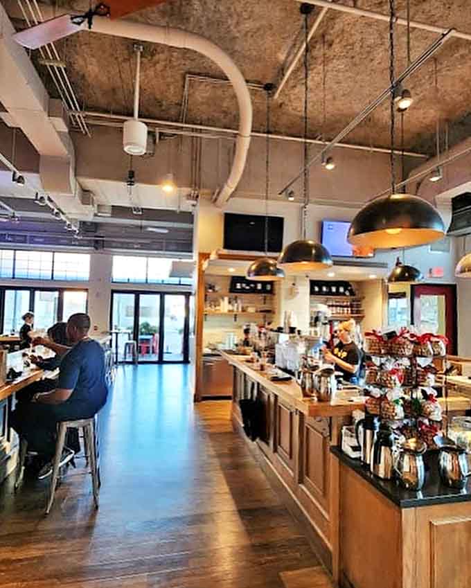 Modern industrial meets cozy caf&eacute; in this sleek interior where coffee lovers and food enthusiasts gather.