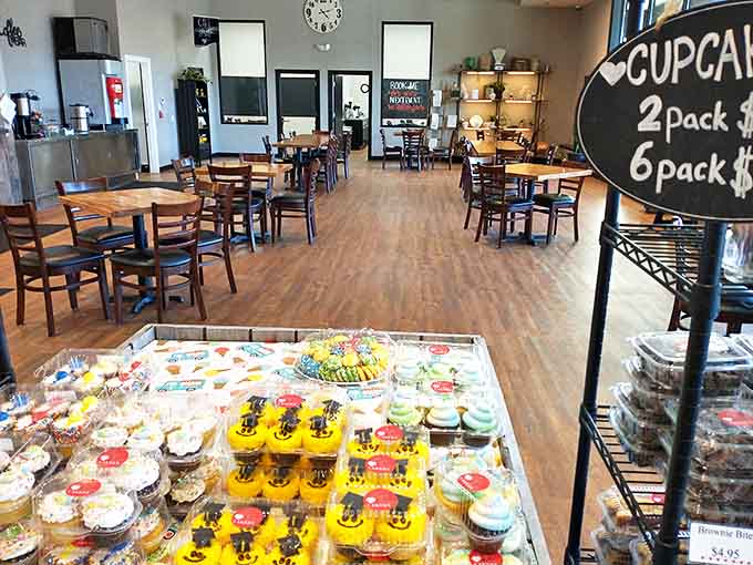 Clean lines and warm wood create a space that says "stay awhile" rather than "grab and run."