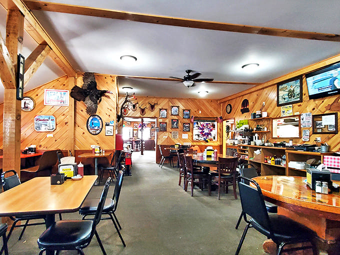 Knotty pine paneling and exposed beams create the perfect Northwoods atmosphere &ndash; like dining in your favorite cabin, if your cabin served incredible pasties.