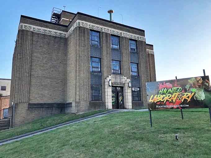 The imposing laboratory building stands ready to welcome brave souls into its chambers of scientific horror and twisted experiments.