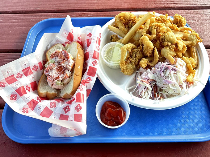 Seafood paradise on a plate! This lobster roll is so packed, it might just make you forget you're in landlocked Vermont.