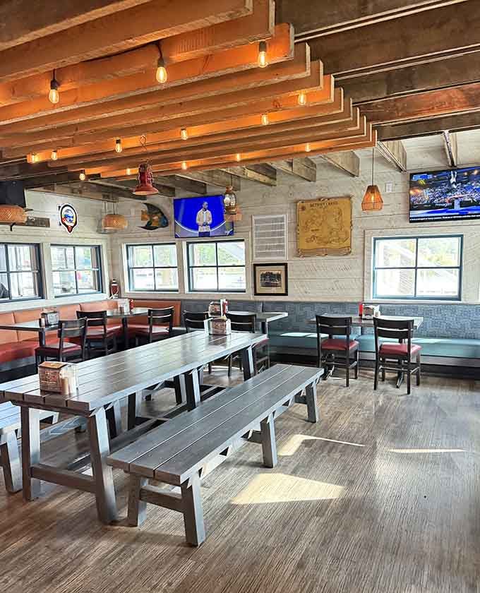 Inside, warm wood tones and casual seating create the perfect spot to settle in for serious wing consumption.