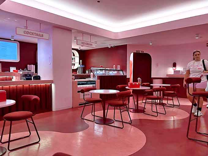 Retro-chic meets dessert dreams in the lounge area, where adults can indulge in boozy ice cream cocktails between exhibits.