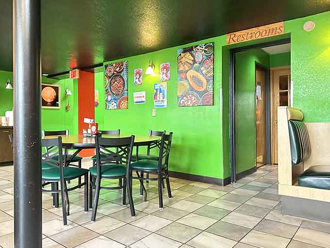 Those lime green walls aren't asking for permission, they're making a statement that says "flavor lives here" louder than any Michelin star ever could.