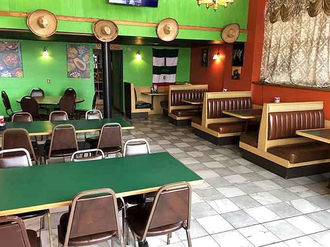 Vibrant green walls and cozy booths create the perfect setting for serious burrito consumption, where calories don't count and regret doesn't exist.
