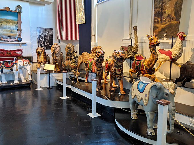 A wonderland of wooden creatures awaits inside, where carousel animals stand at attention like a fantastical Noah's Ark on pause.