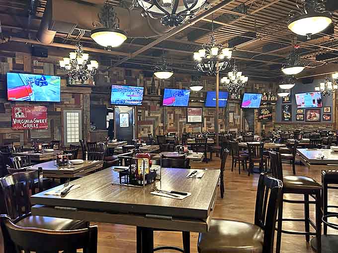 Interior: Elegant chandeliers meet sports-bar comfort in this wood-paneled wonderland where both first dates and family reunions feel perfectly at home.