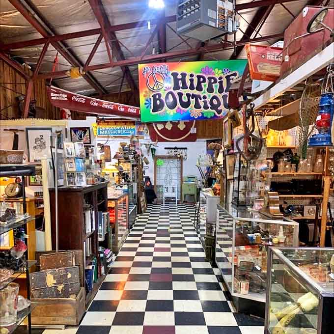 Those checkerboard floors and the "Hippie Boutique" sign promise a groovy journey through decades of style, baby.