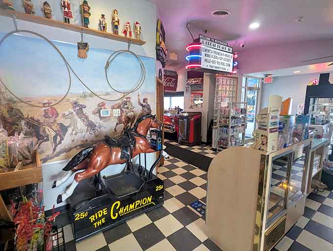 Step inside and time-travel to the 1950s with checkered floors, chrome accents, and that mechanical horse stealing the show.