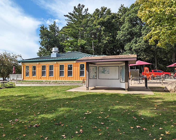 Rustic charm meets modern convenience at the park's concession building, where hungry hikers refuel between adventures.