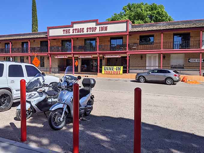That Western-style balcony practically begs for a dramatic showdown scene, minus the tumbleweeds and with better parking.