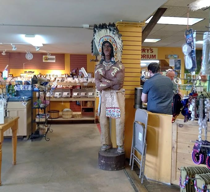 Inside Perry's, a wooden Native American statue stands guard over treasures both edible and eccentric, setting the tone for discovery.