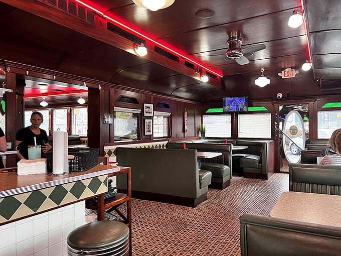 Step inside and the 1950s never ended &ndash; red neon trim illuminates the classic diner interior where memories are made one meal at a time.