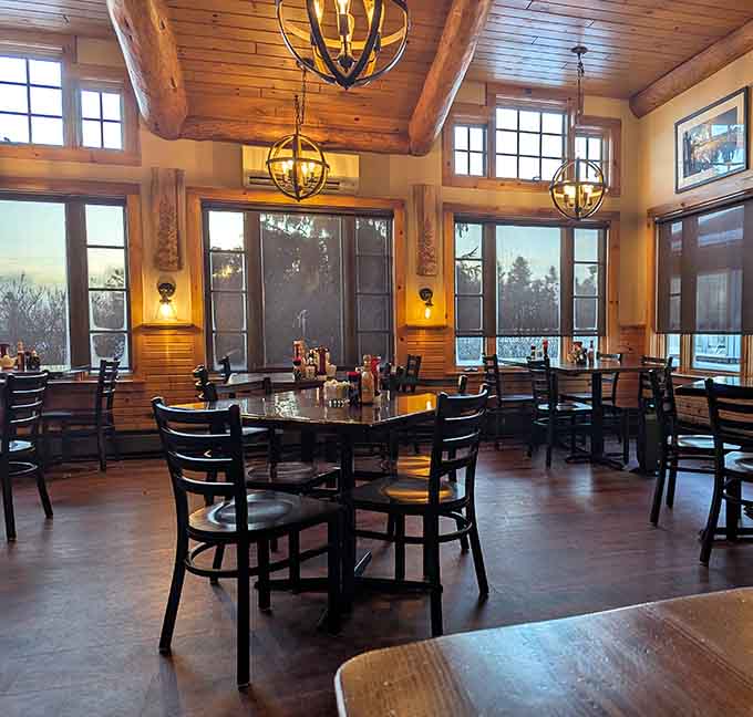 Wood beams and warm lighting create the kind of cozy atmosphere where calories don't count and second helpings are encouraged.