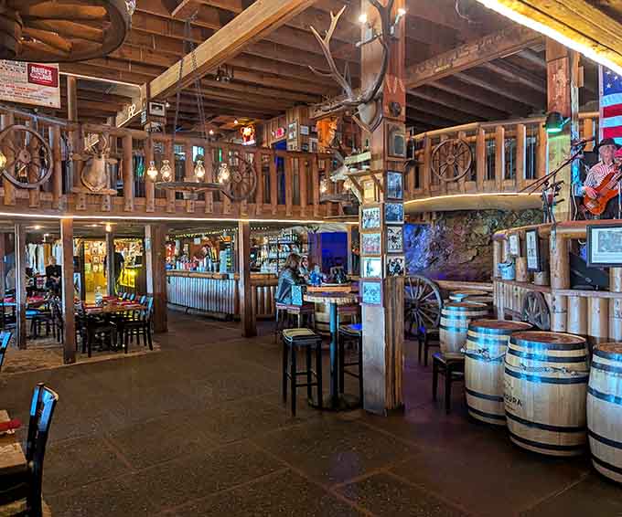 Wooden beams, wagon wheels, and enough Western memorabilia to outfit a Hollywood set create authentic cowboy atmosphere.