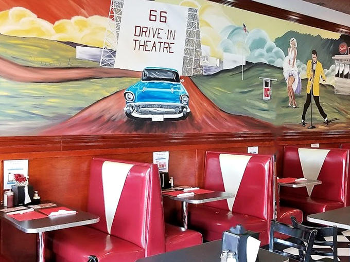 Step inside and the '50s come roaring back with vintage murals, red vinyl booths, and checkered floors that set the perfect diner mood.
