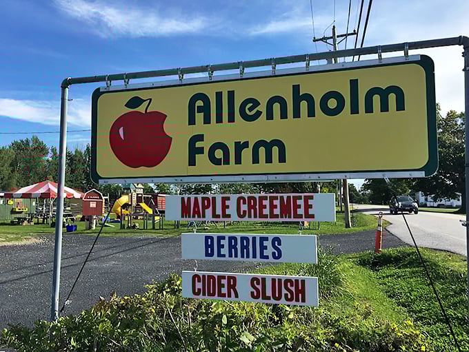 Welcome to apple paradise! This sign isn't just pointing the way&mdash;it's practically winking at you, promising a cider-soaked adventure.