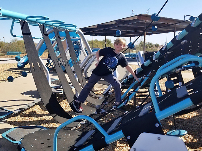 This sloped climbing ramp combines rope challenges with geometric panels, creating a test of balance that's irresistible to adventurous climbers.