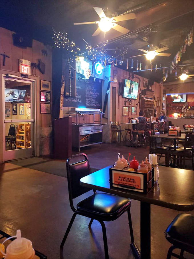 Inside, the eclectic decor creates a vibe that's part roadhouse, part rec room, and entirely comfortable for serious eating.