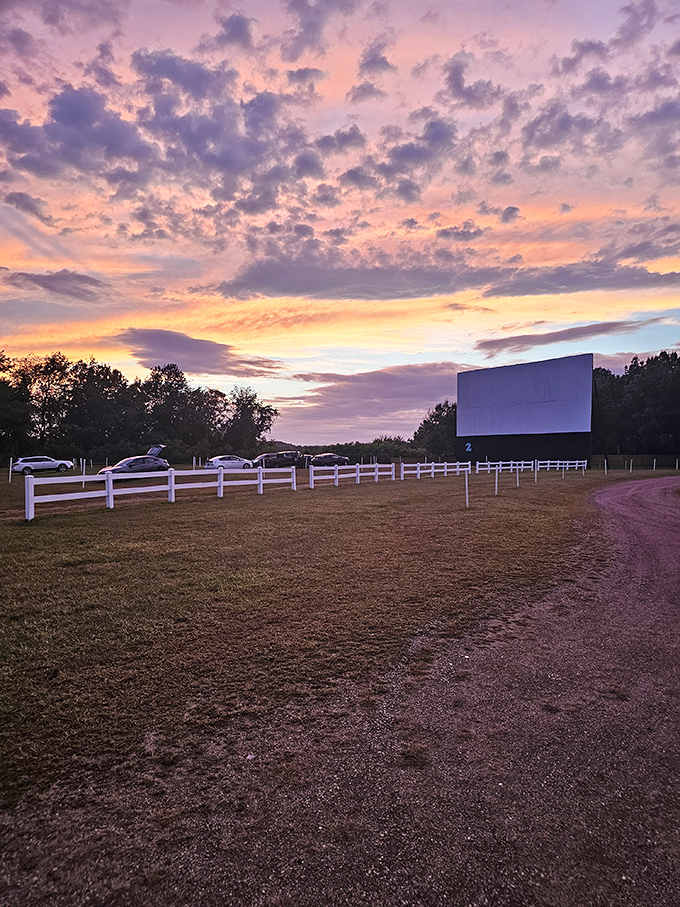 Mother Nature provides the perfect backdrop at Sunset Drive-In, where cotton candy skies transition to starlit cinema experiences.