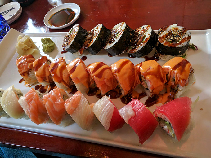 A rainbow of flavors on a plate! These sushi rolls are like edible art &ndash; almost too pretty to eat. Almost.