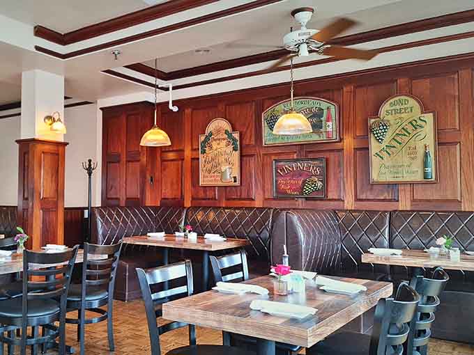 Rich wood tones and vintage signs create an atmosphere that's equal parts sophisticated and "come as you are" comfortable.