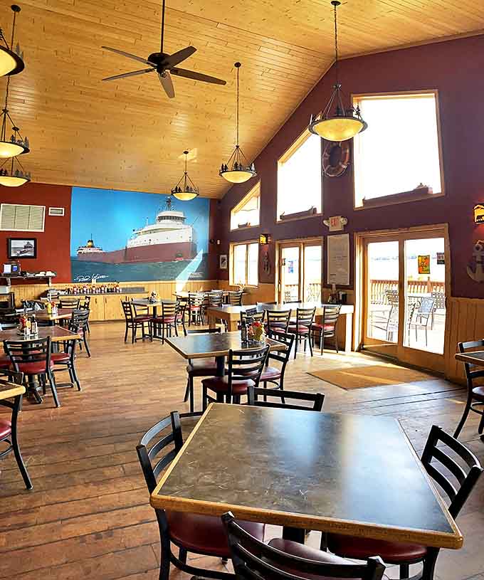 Soaring ceilings and nautical touches create the perfect atmosphere for watching massive freighters cruise by while you contemplate dessert.