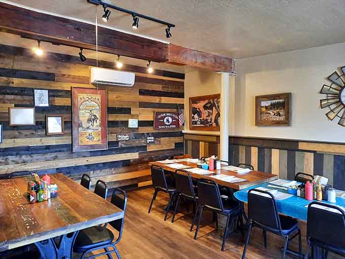 Rustic wood paneling and comfortable seating create the perfect backdrop for serious eating, not just casual dining.