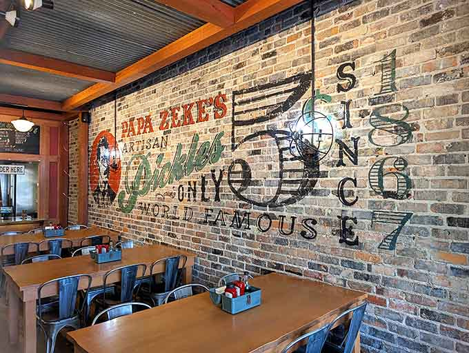 Exposed brick walls adorned with vintage-style "Papa Zeke's Artisan Pickles" murals create a rustic-meets-whimsical atmosphere that perfectly complements the sandwich artistry happening in the kitchen.