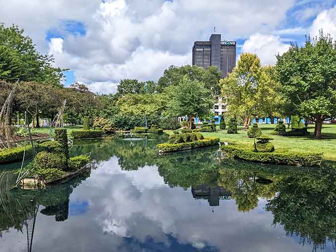 The pond creates a mirror image so perfect, you'll wonder if you've accidentally stepped into an M.C. Escher painting.