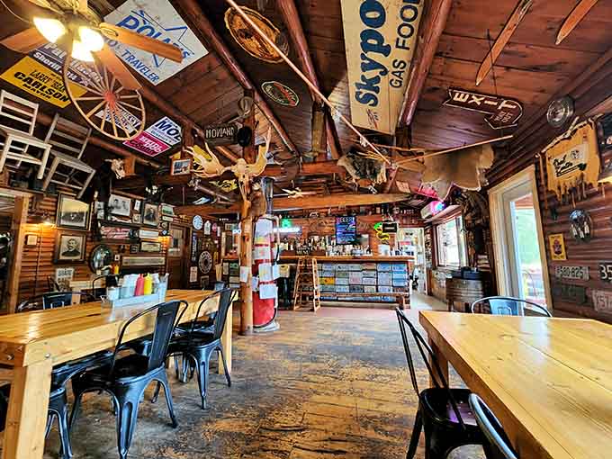 Inside, vintage signs and Northwoods charm create the perfect backdrop for your walleye sandwich adventure.