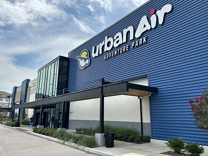 Front and center, Urban Air's welcoming façade promises adventure within, no matter what Mother Nature has planned outside.