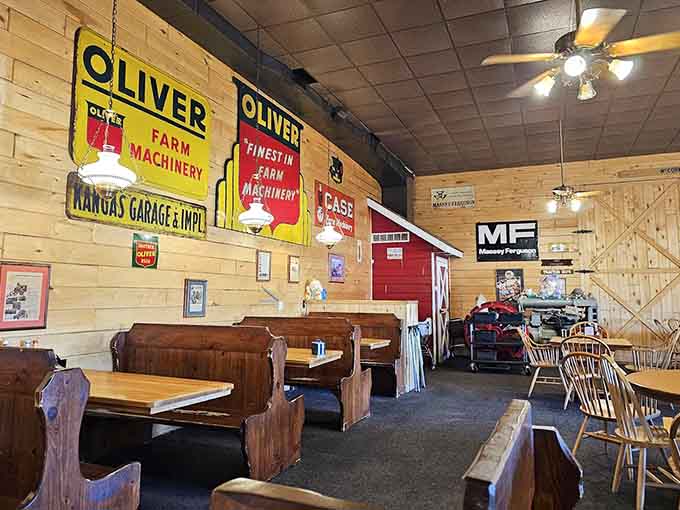 Vintage farm equipment and agricultural memorabilia create an atmosphere that's part museum, part dining room, and entirely charming throughout.