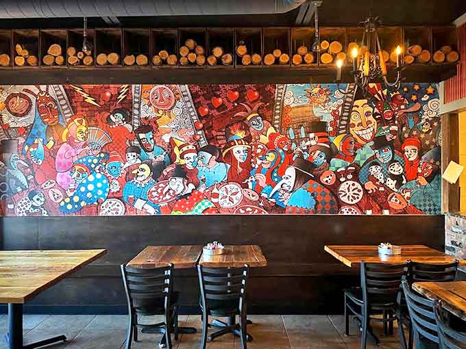 Vibrant murals and rustic charm create an atmosphere where pizza isn't just food, it's an experience worth savoring slowly.