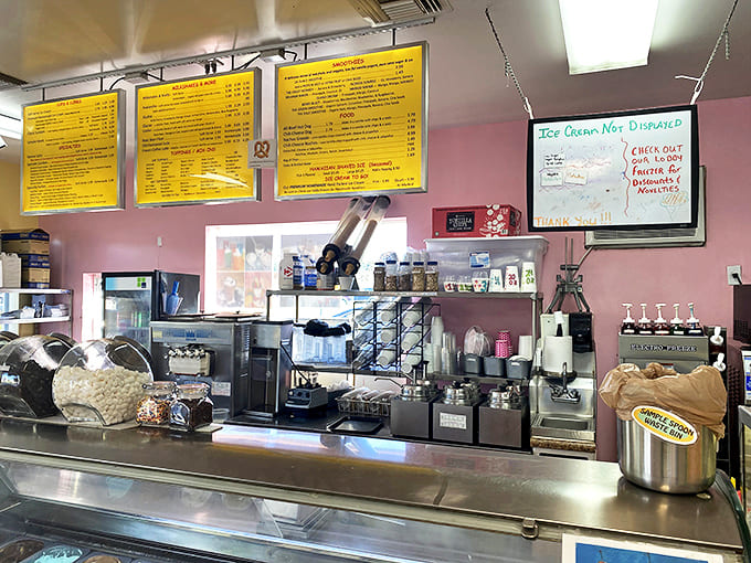 Behind this counter, magic happens daily. The staff transforms simple ingredients into elaborate frozen fantasies that defy adult problems.