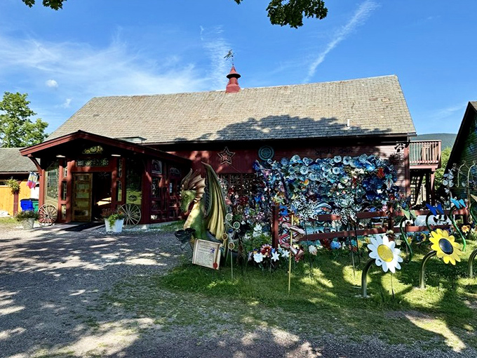 The Sparkle Barn's exterior hints at treasures within, its weathered red charm belying the explosion of color waiting inside.