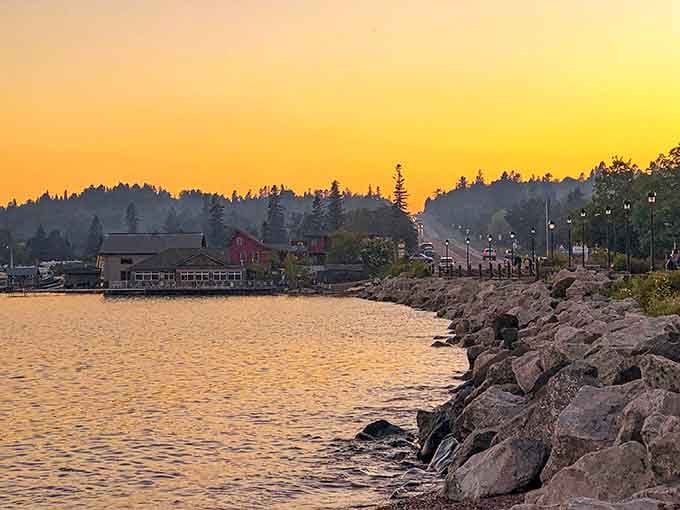 Golden hour in Grand Marais turns the harbor into liquid gold, proving that nature has better lighting than any Hollywood cinematographer.