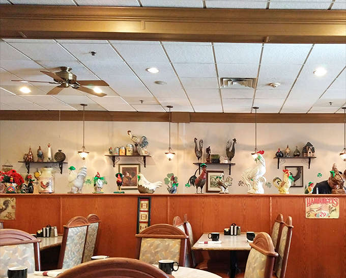 Step inside to find a cozy space where roosters stand guard and breakfast dreams come true, one fluffy pancake at a time.