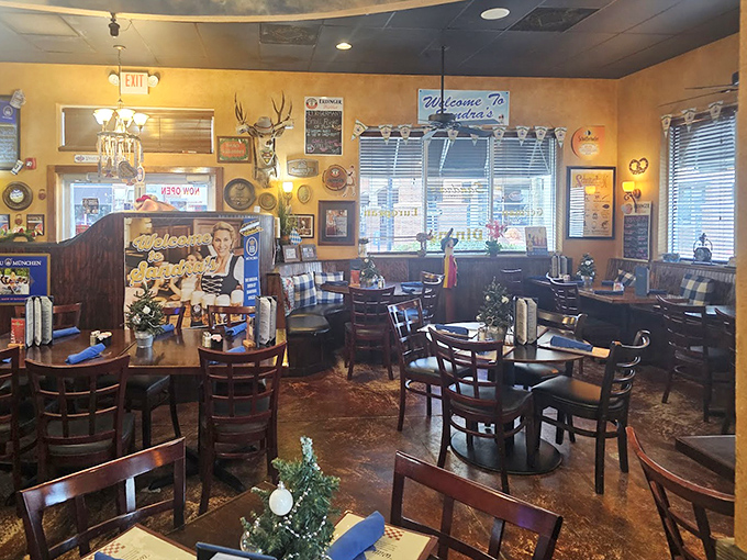 Warm wooden tables, deer mounts, and European memorabilia create that perfect "Gem&uuml;tlichkeit" &ndash; that untranslatable German coziness that makes you want to linger.